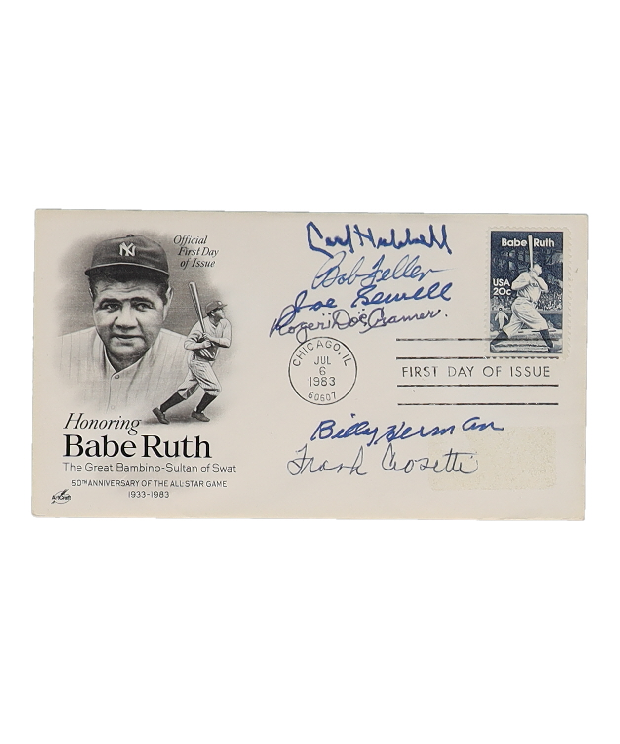 1983 Babe Ruth FDC Envelope Signed By (6) with Carl Hubbell, Bob Feller ...