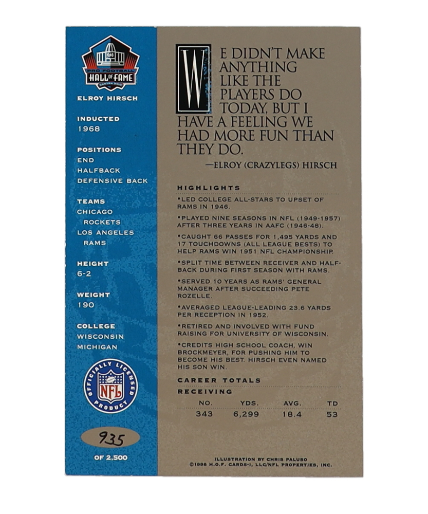 Elroy Hirsch Signed LE 1998 HOF Signature Series Card (JSA) | Pristine ...