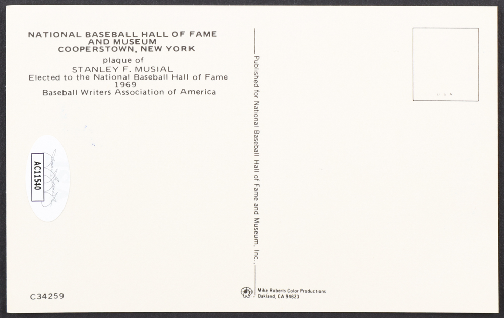 Stan Musial Signed Hall of Fame Plaque Postcard (JSA) | Pristine Auction