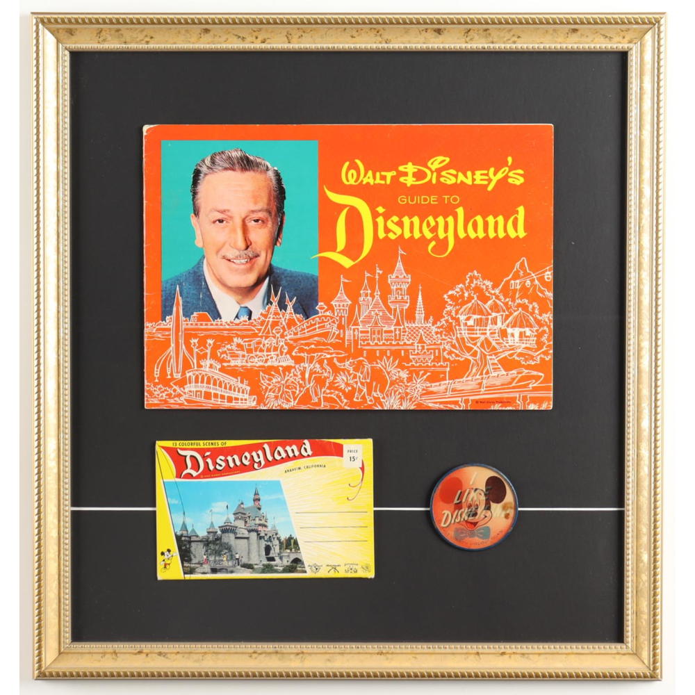 1962 On-Site Disneyland Guide Book with 1965 Disneyland Blinker Pin and Souvenir Photo Portfolio ...
