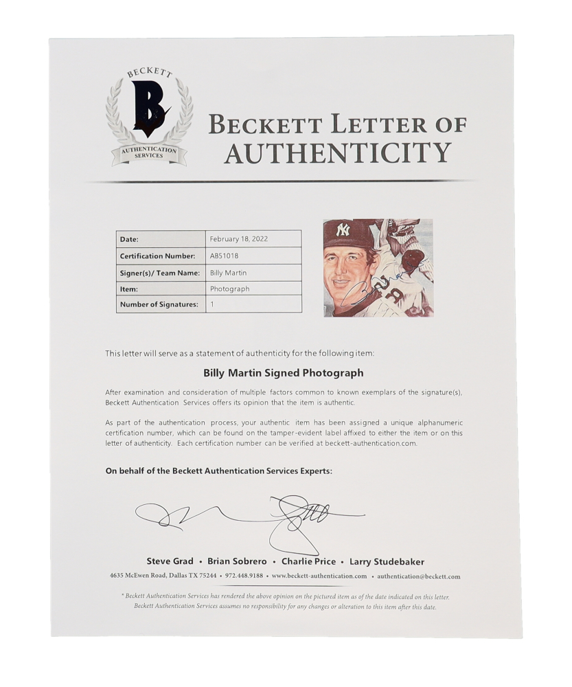 Billy Martin Signed Yankees 8x10 Photo (Beckett) | Pristine Auction