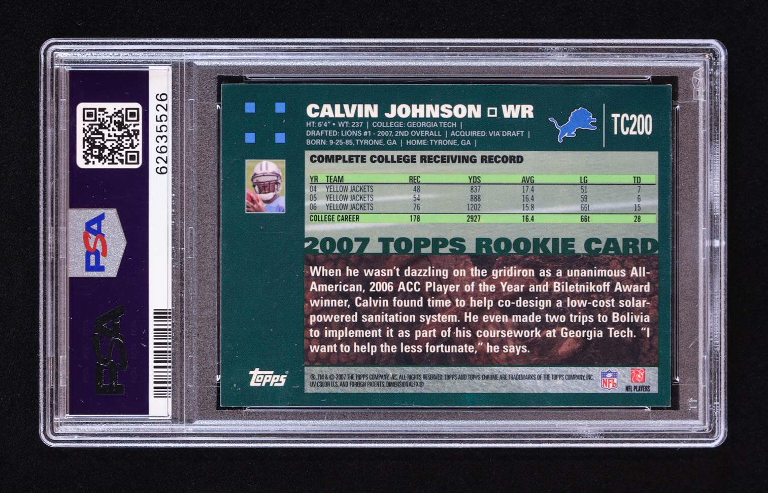 Calvin Johnson Signed 2007 Topps Chrome #TC200 RC (PSA | Auto 10 ...