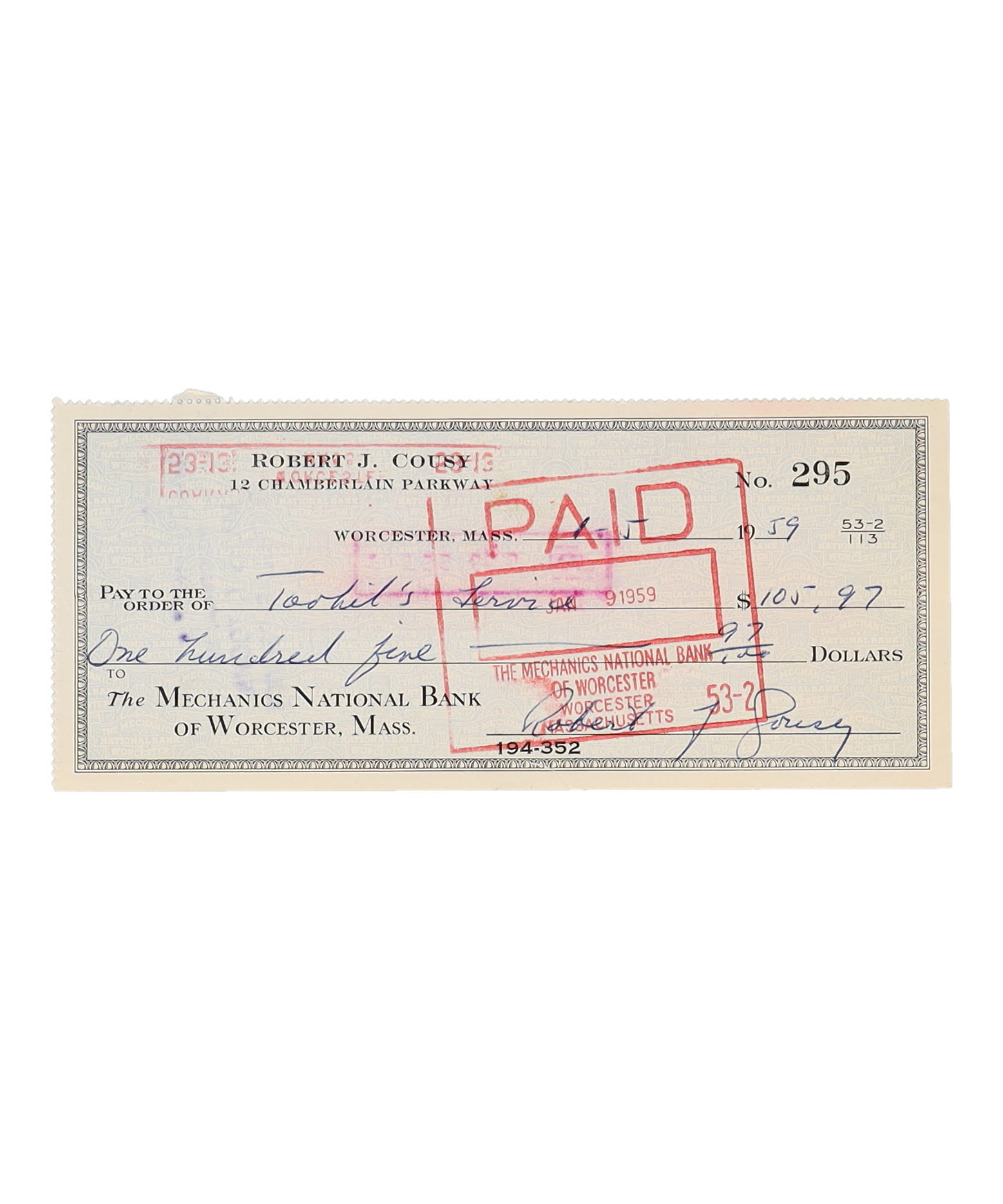 Bob Cousy Signed 1959 Personal Bank Check (JSA) | Pristine Auction