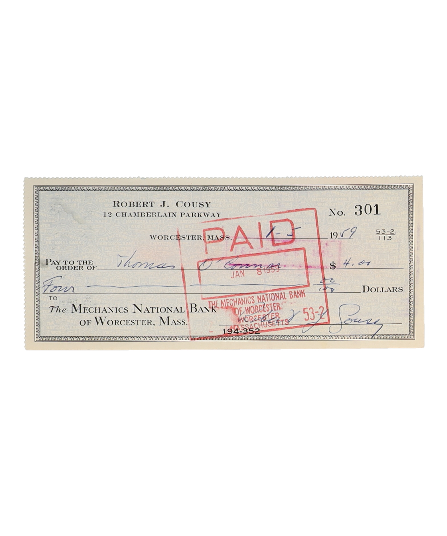 Bob Cousy Signed 1959 Personal Bank Check (JSA) | Pristine Auction