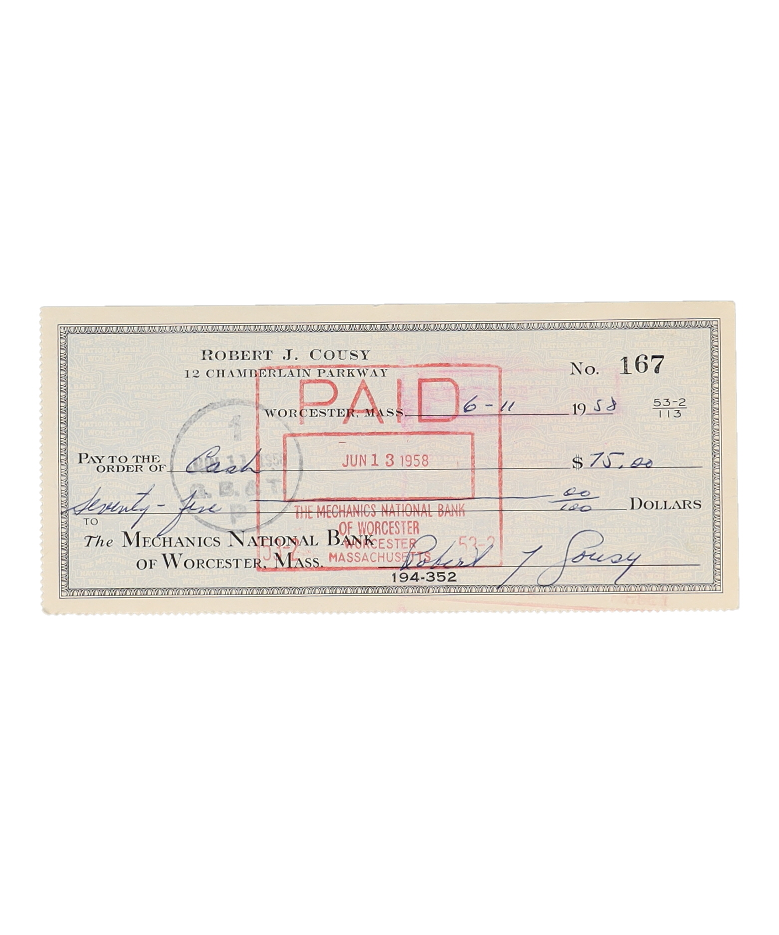 Bob Cousy Signed 1958 Personal Bank Check (JSA) | Pristine Auction