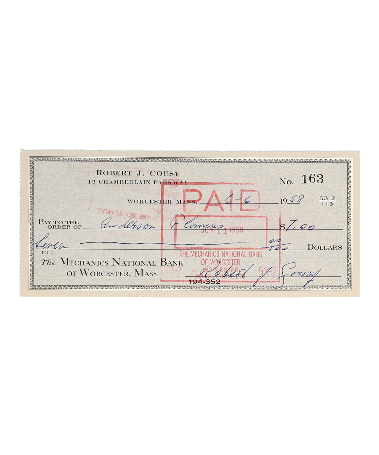 Bob Cousy Signed 1958 Personal Bank Check (JSA) | Pristine Auction