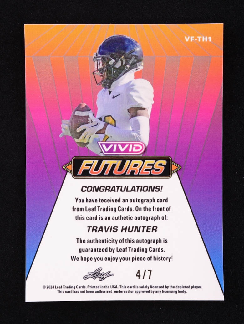 Travis Hunter 2024 Leaf Vivid Futures Autographs Blue #VFTH1 RC #4/7 ...