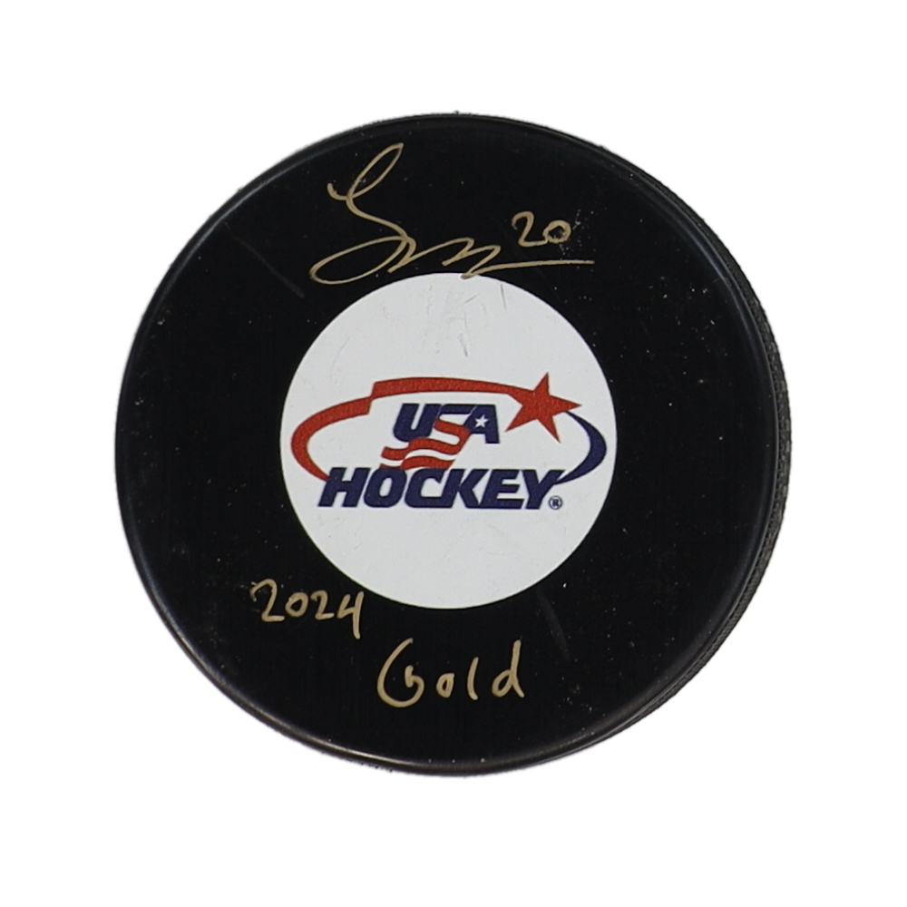 Lane Hutson Signed Team USA Logo Hockey Puck Inscribed "2024 Gold" (MA ...