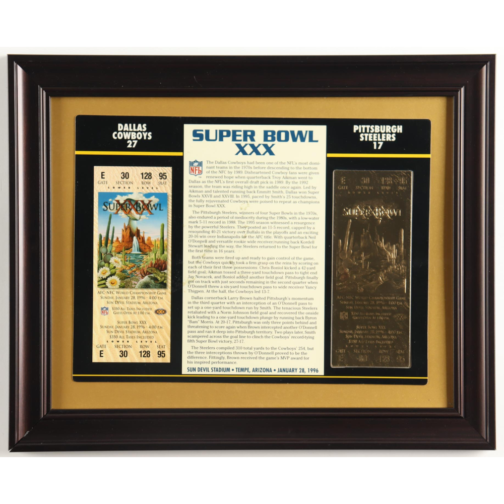Super Bowl Xxx Commemorative Custom Framed Score Card Display With 22kt