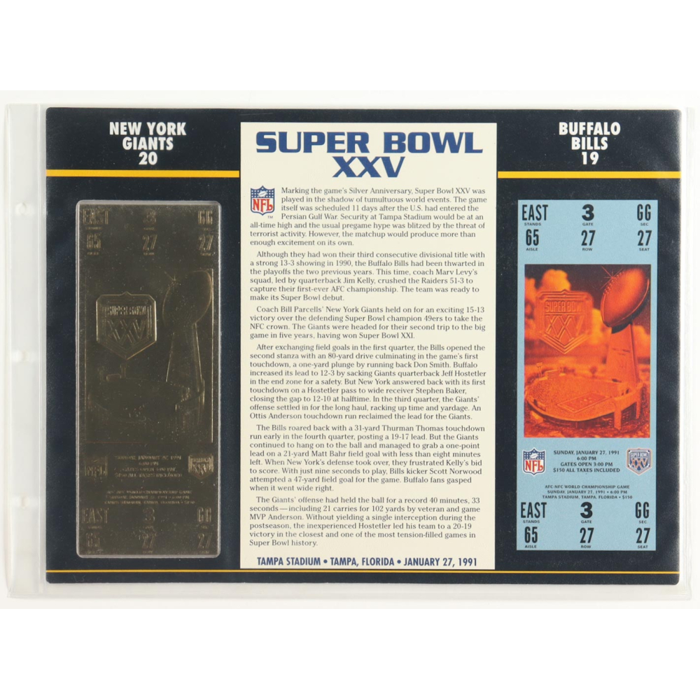 Super Bowl XXV Commemorative 9x12 Score Card Display with 22KT Gold ...