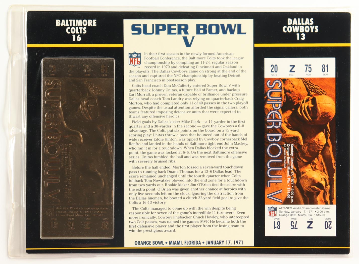 Super Bowl V Commemorative 9x12 Score Card Display with 22KT Gold ...