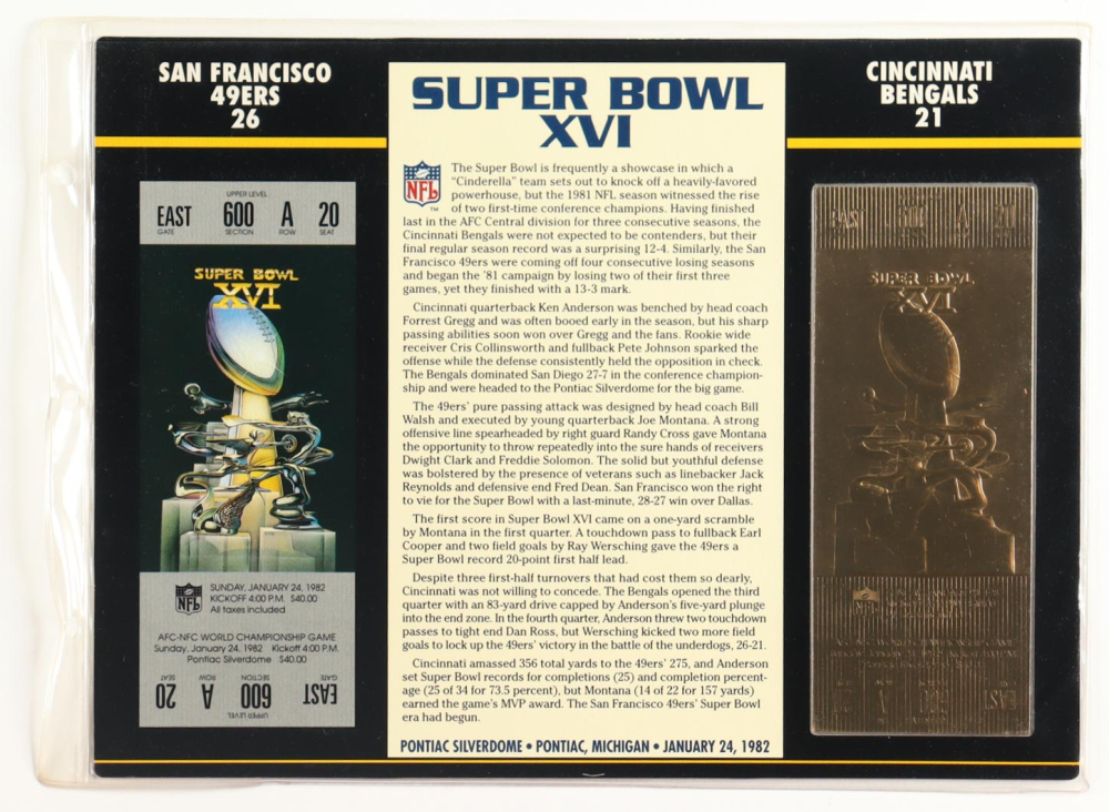 Super Bowl XVI Commemorative 9x12 Score Card Display with 22KT Gold ...