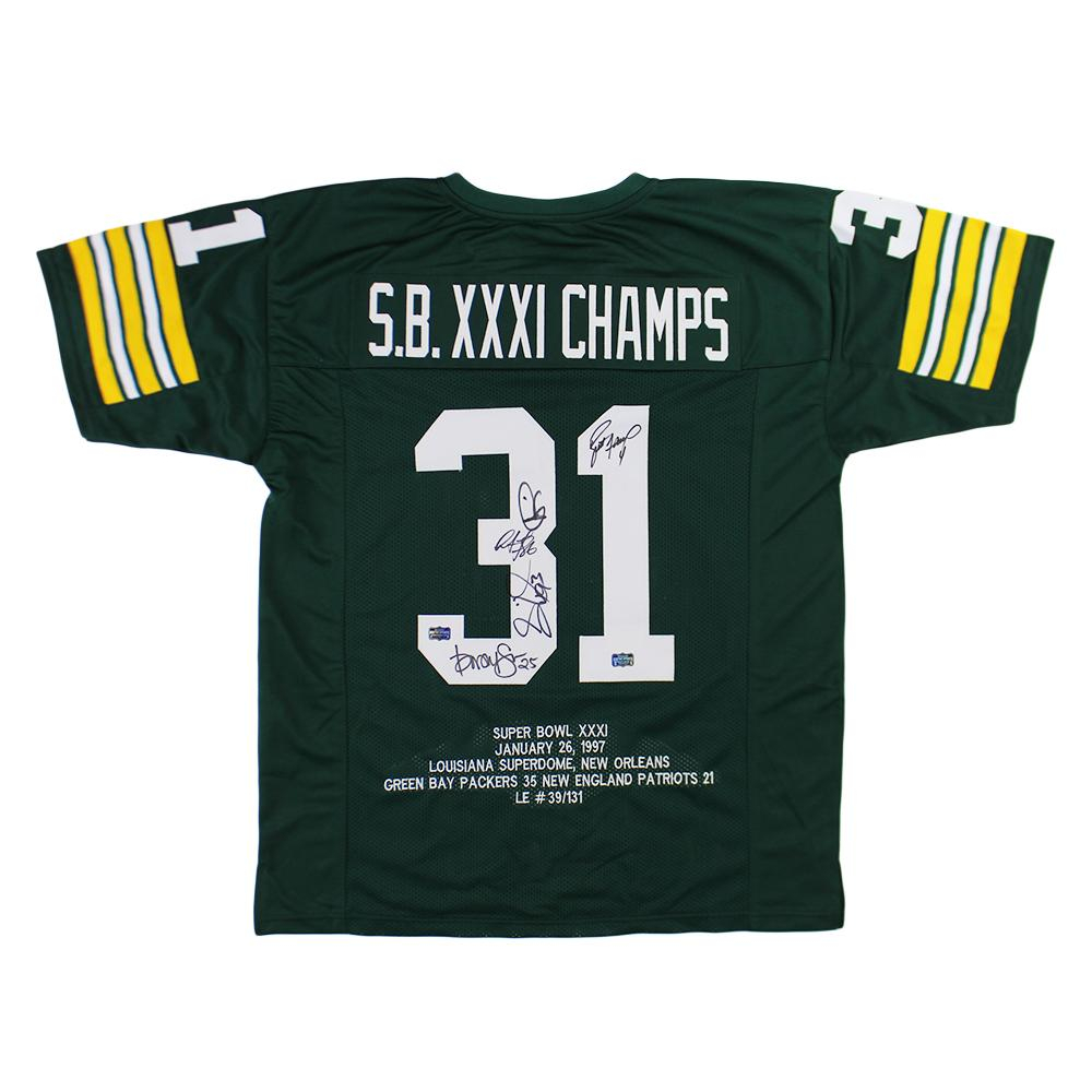 Brett Favre, Andre Rison, Dorsey Leven | Super Bowl XXXI Champs Jersey ...