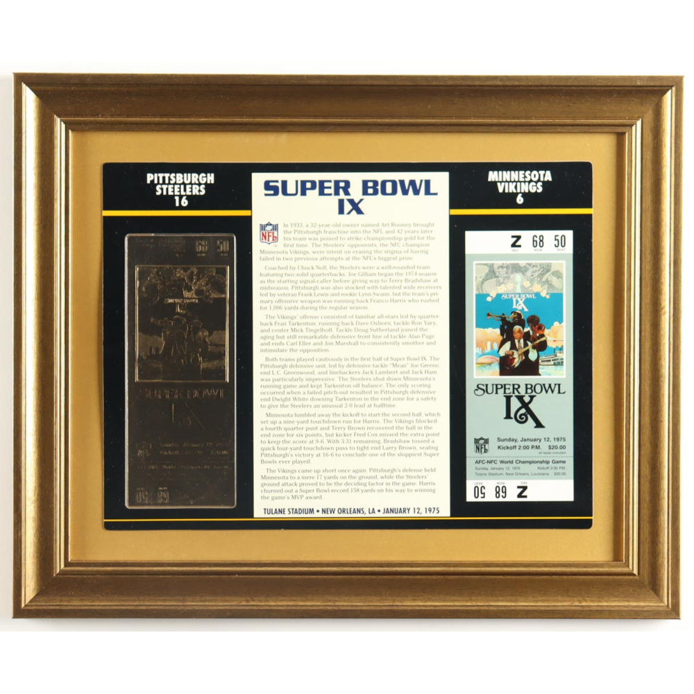 1975 Super Bowl IX Commemorative Card with 22KT Gold Ticket Custom ...