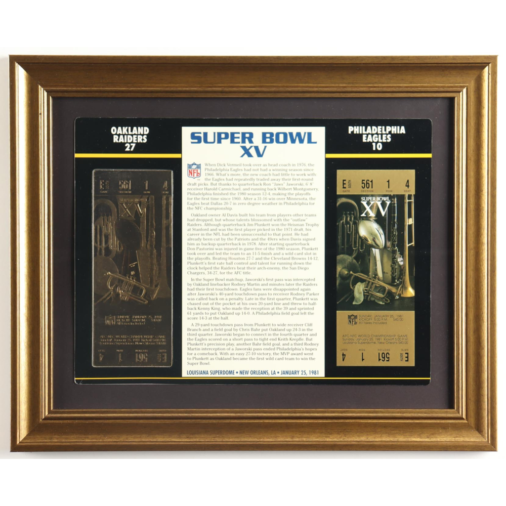 1981 Super Bowl XV Commemorative Card with 22KT Gold Ticket Custom Framed Display | Pristine Auction