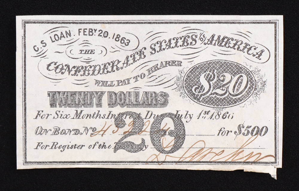 1863 $20 Confederate States of America CSA Bank Note Bond | Pristine ...