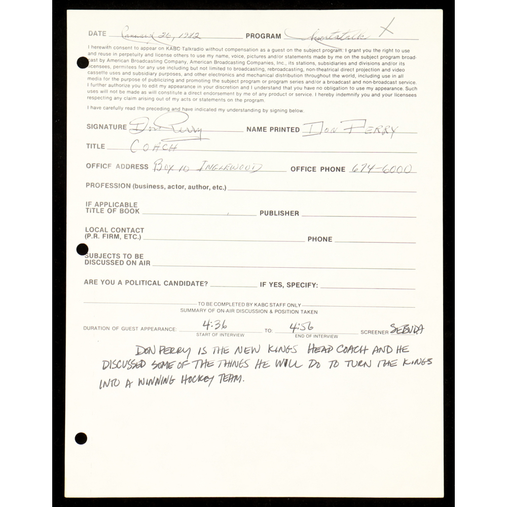 Don Perry Signed 1982 KABC Radio Contract (PSA) | Pristine Auction