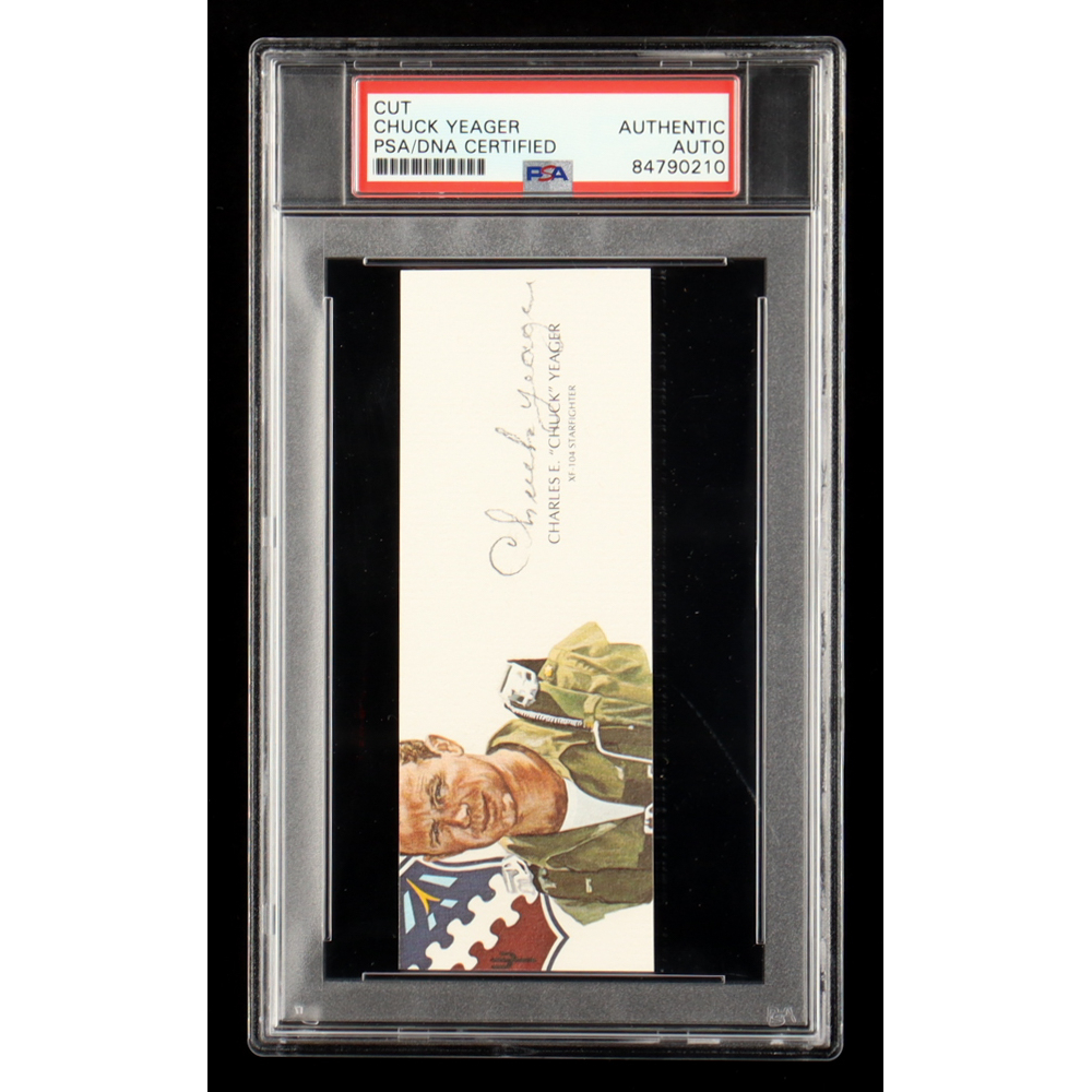 Chuck Yeager Signed 2x5 Cut with Portrait WWII P-51 357th FG (PSA ...
