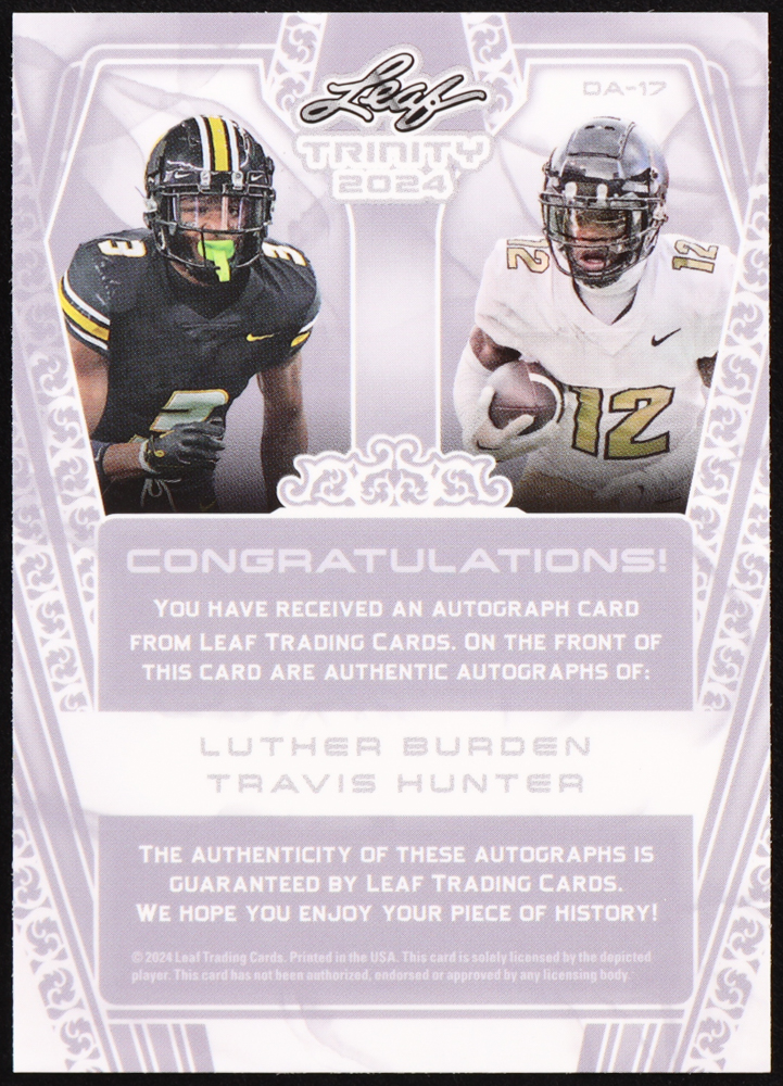 Luther Burden / Travis Hunter 2024 Leaf Trinity Dual Autographs #DA17 ...