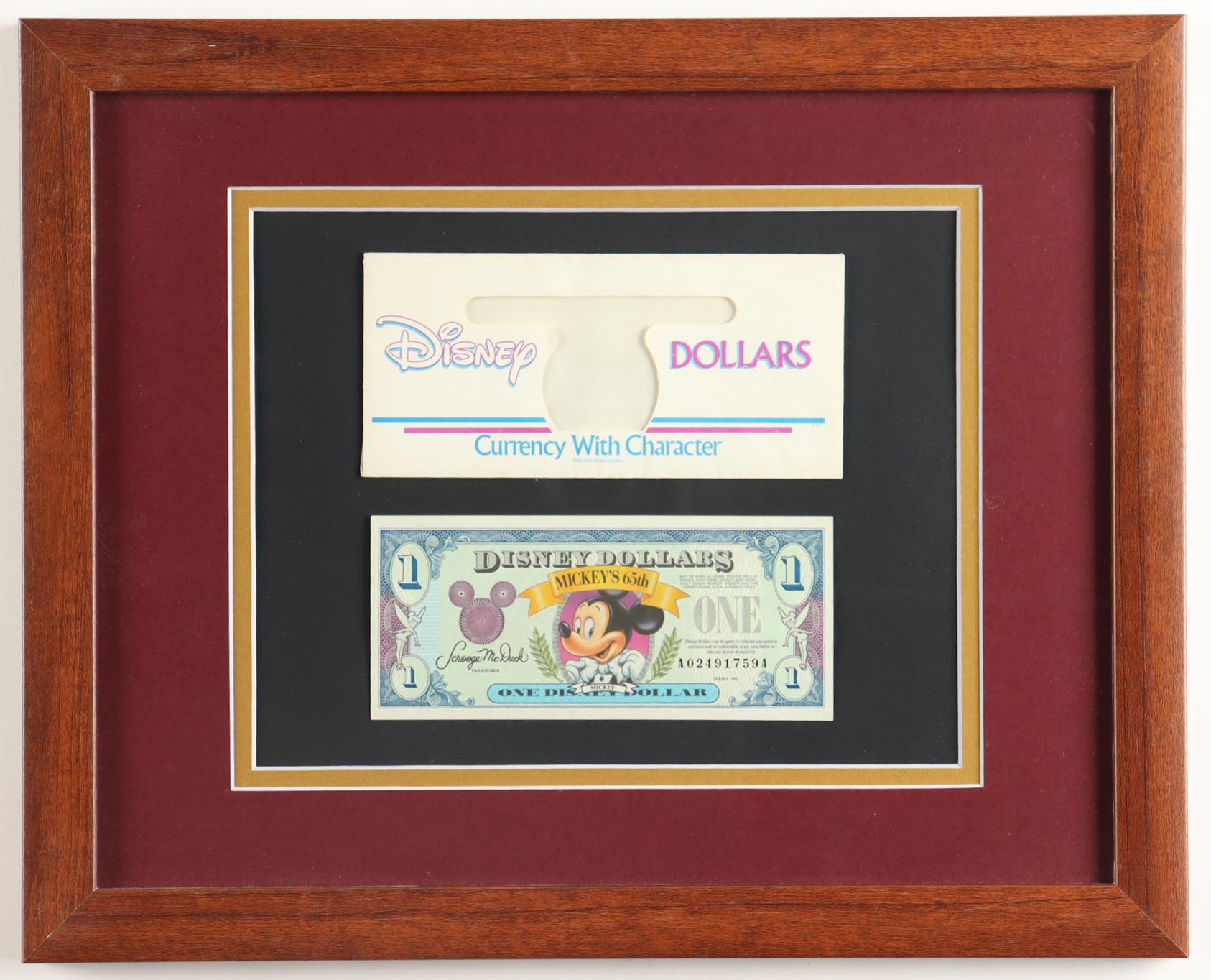 Disney Dollars "Mickey's 65th" Custom Framed Retired Disney Dollar Bill ...
