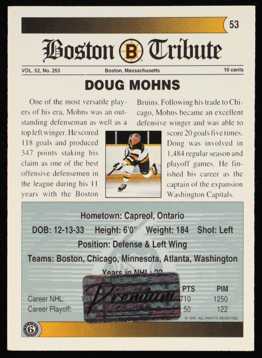 Doug Mohns Signed 1991 Ultimate Original Six #53 (Premium) | Pristine ...