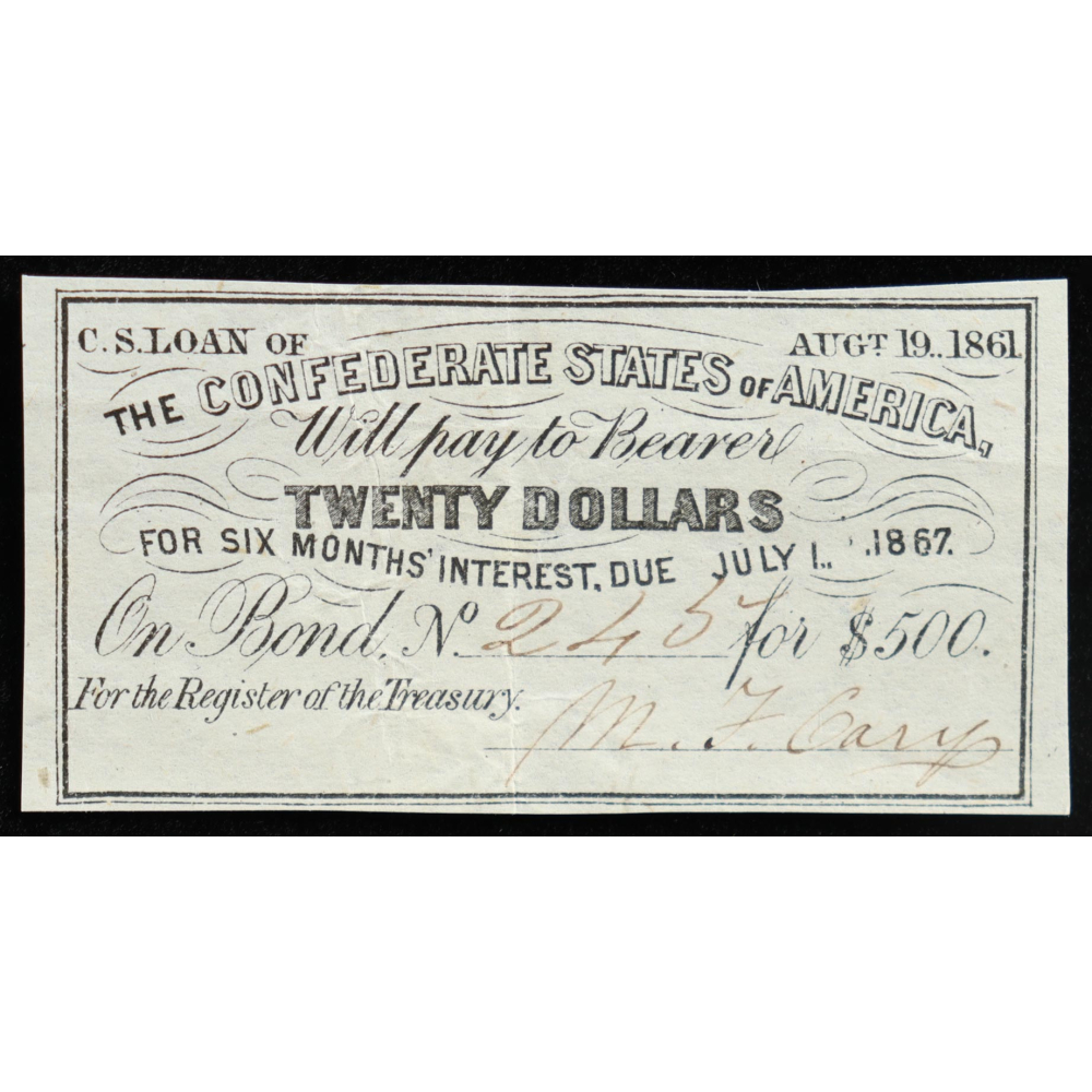 1861 $20 Confederate States of America CSA Bank Note Bond | Pristine ...