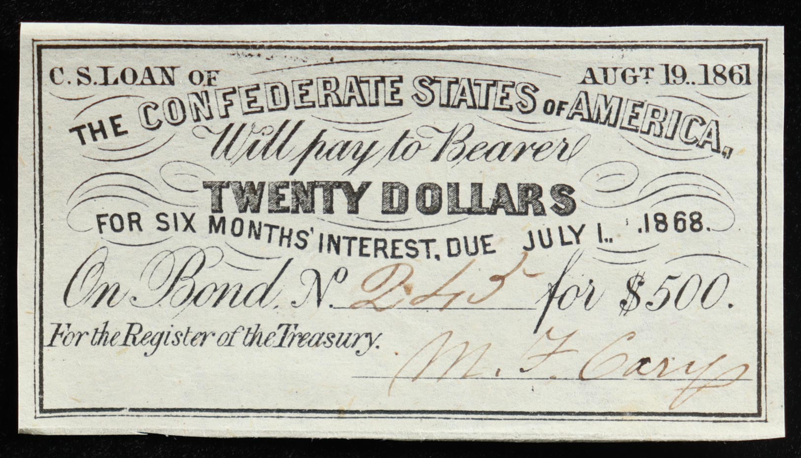1861 $20 Confederate States of America CSA Bank Note Bond | Pristine ...