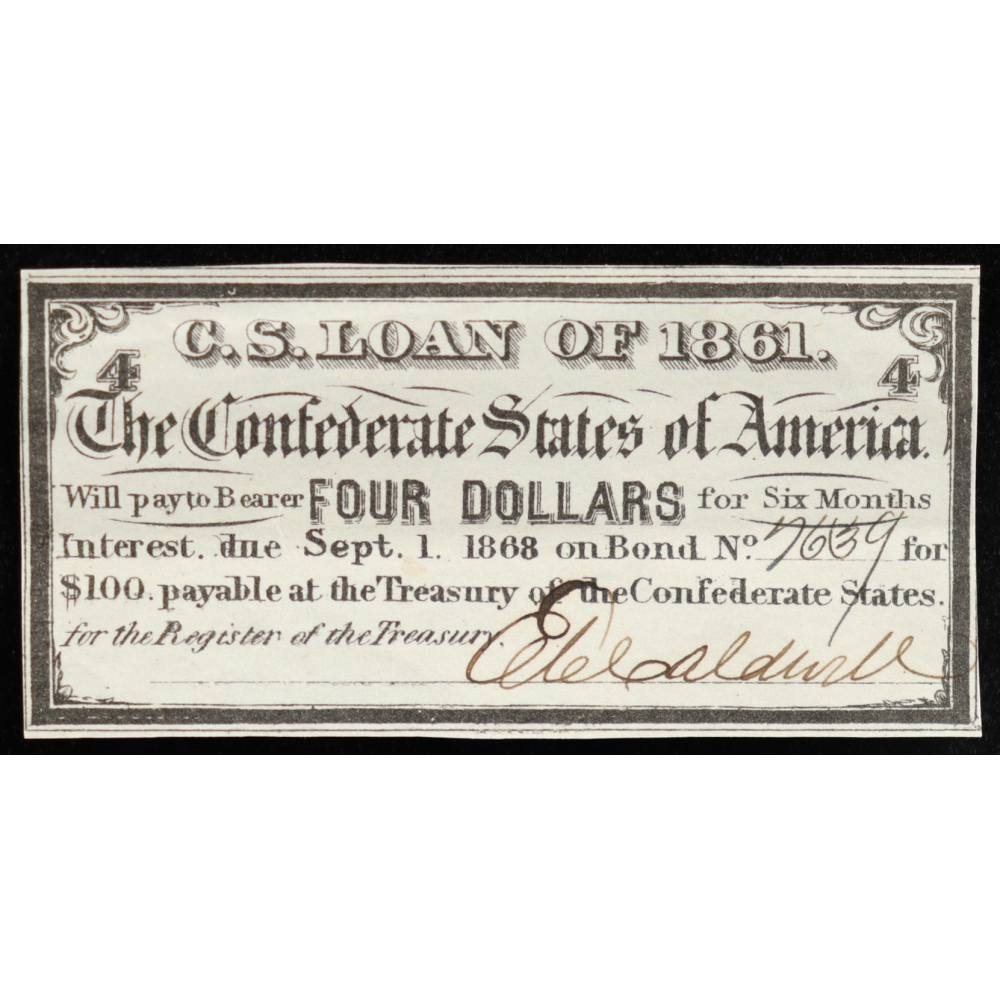 1861 $4 Confederate States of America CSA Bank Note Bond | Pristine Auction