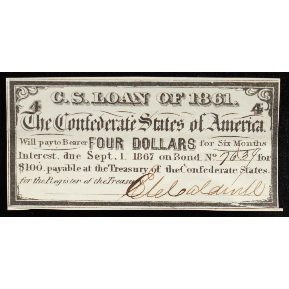 1861 $4 Confederate States of America CSA Bank Note Bond | Pristine Auction