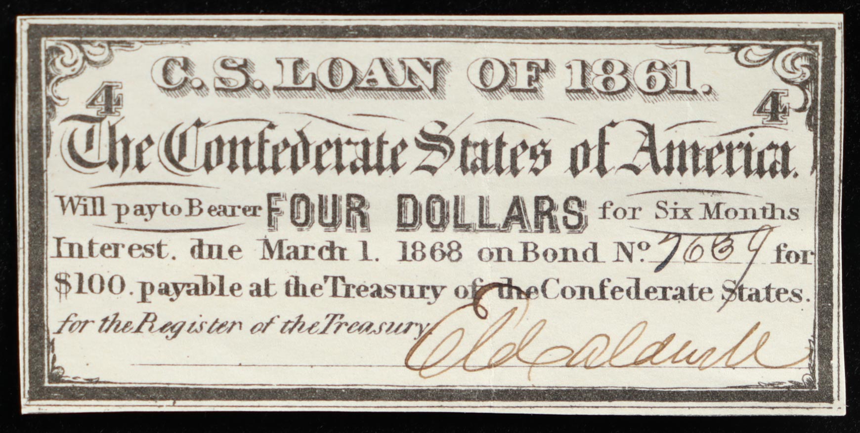 1861 $4 Confederate States of America CSA Bank Note Bond | Pristine Auction