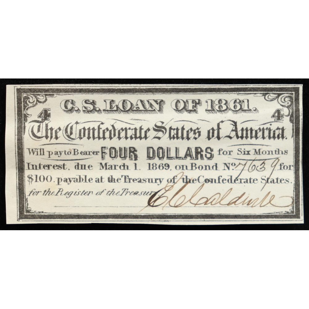 1861 $4 Confederate States of America CSA Bank Note Bond | Pristine Auction