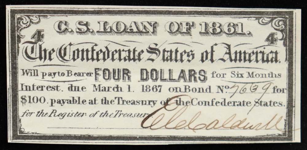 1861 $4 Confederate States of America CSA Bank Note Bond | Pristine Auction