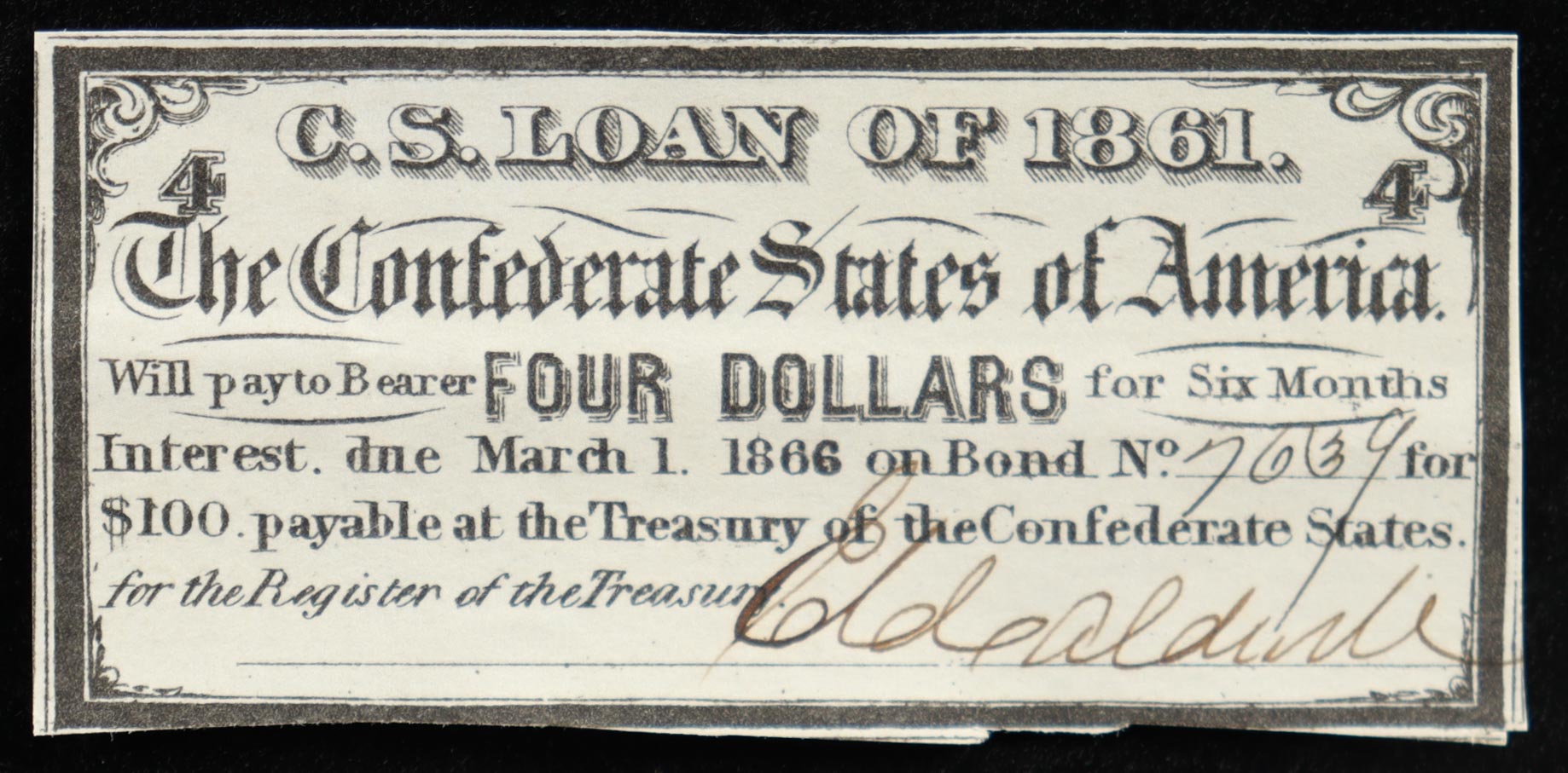 1861 $4 Confederate States of America CSA Bank Note Bond | Pristine Auction