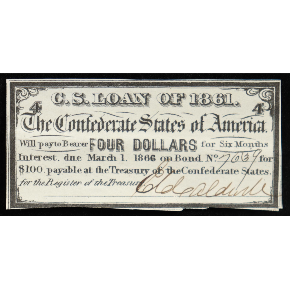 1861 $4 Confederate States of America CSA Bank Note Bond | Pristine Auction