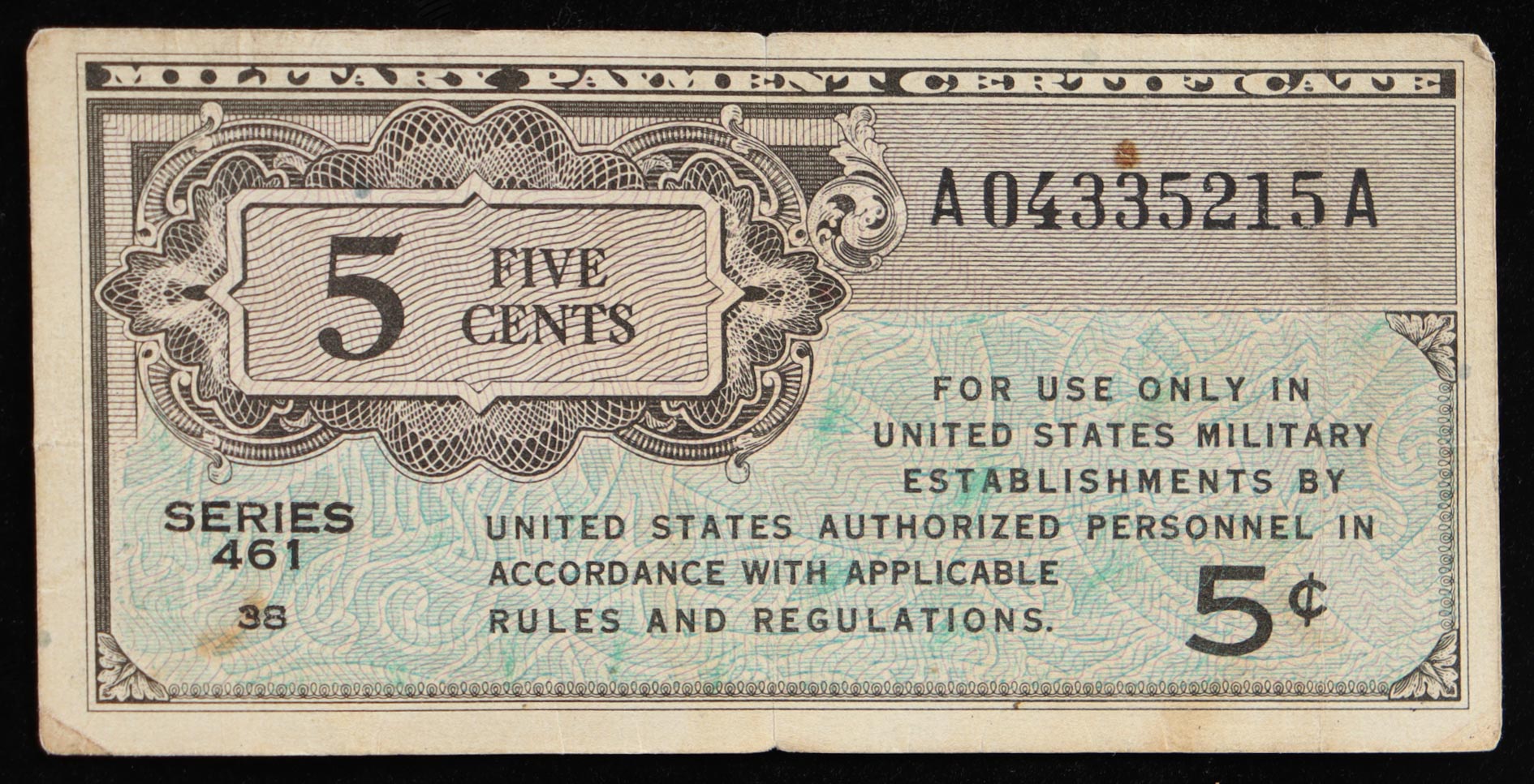 1946-47 U.S. Military Payment Certificate .05¢ - Series 461 | Pristine Auction
