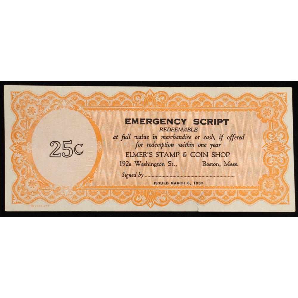 1933 Great Depression Emergency Script - .25¢ Elmer's Stamp & Coin ...