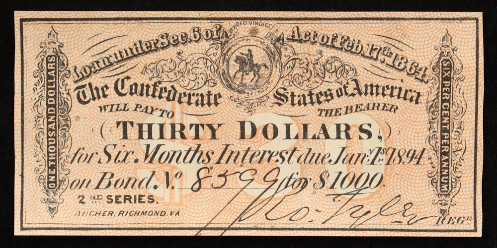 1864 $30 Confederate States of America CSA Bank Note Bond | Pristine ...