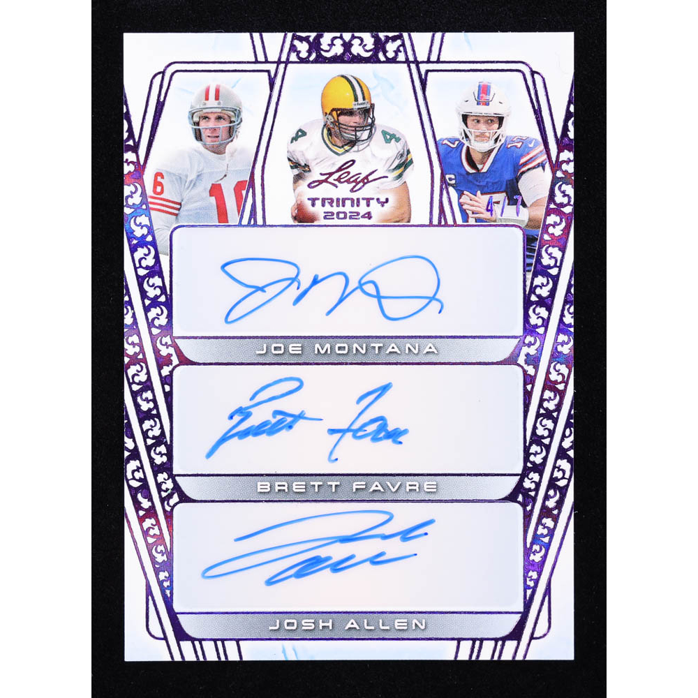 Joe Montana / Brett Favre / Josh Allen 2024 Leaf Trinity Purple ...