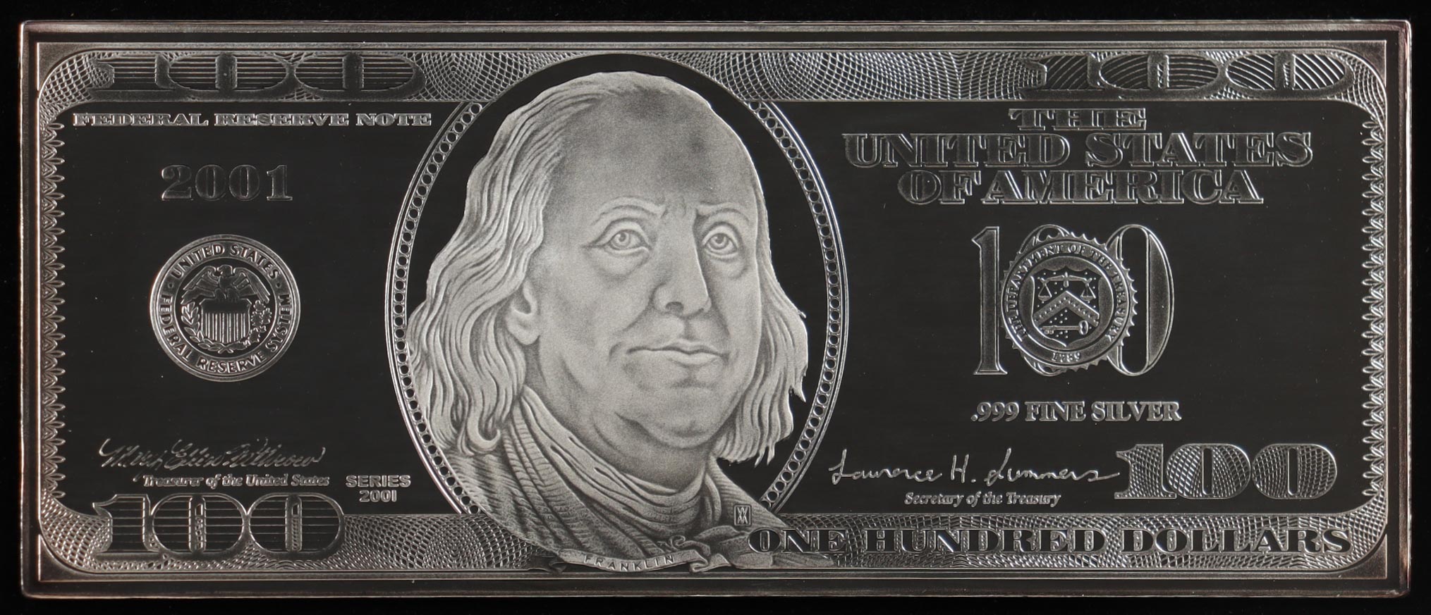 2001 Washington Mint "One Hundred Dollar" 100$ Quarter Pound Silver ...
