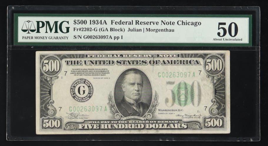 1934-A U.S. $500 Federal Reserve Note, Chicago - Fr#2202-G Signed: Julian / Morgenthau (PMG ...