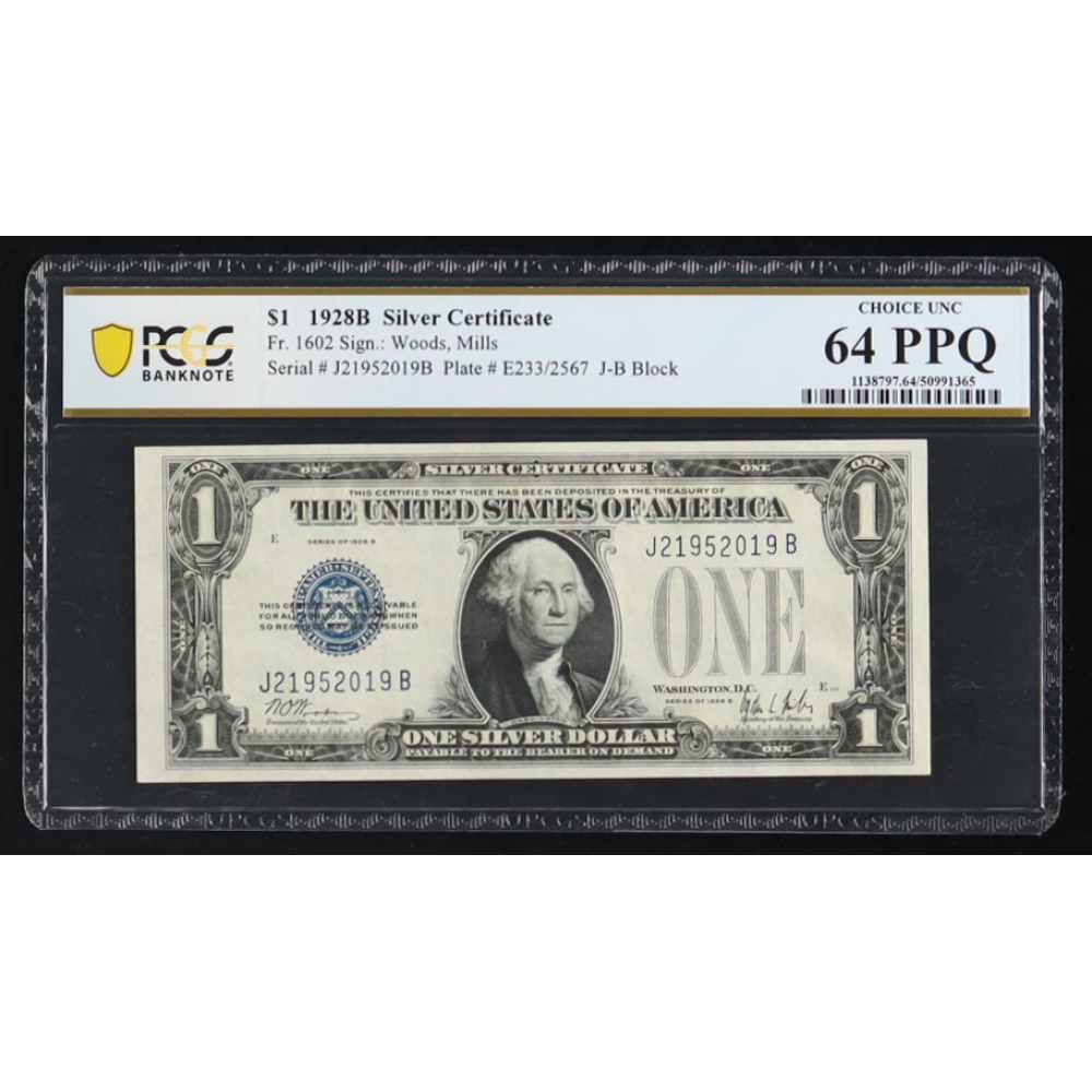 1928-B U.S. $1 "Funny Back" Silver Certificate - Fr. 1602 Signed: Woods ...
