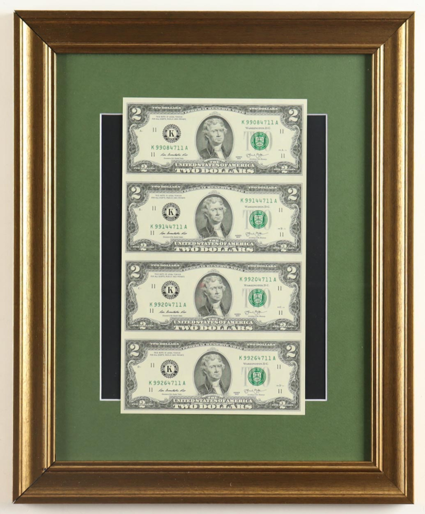 2013 U.S. $2 Dollar Bill Custom Framed Uncut Sheet Of (4) Bills ...
