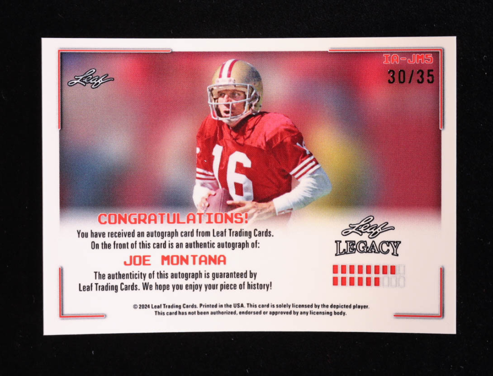 Joe Montana 2024 Leaf Legacy Collection #IA-JM5 Autograph Silver ...