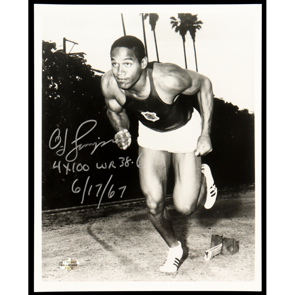 O.J. Simpson Signed 8x10 Photo Inscribed "4x100 WR 38.6" & "6/17/67 ...