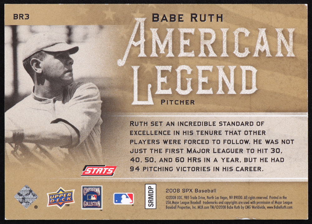 Babe Ruth 2008 SPx Babe Ruth American Legend #BR3 #1/1 | Pristine Auction