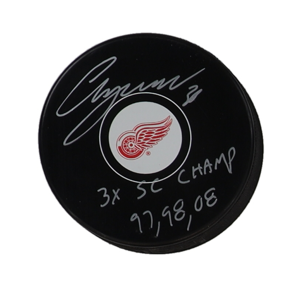 Chris Osgood Signed Red Wings Logo Hockey Puck Inscribed "3x SC Champ ...