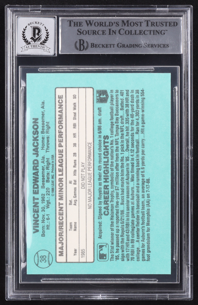 Bo Jackson Signed 1986 Donruss Rookies #38 RC (BGS | Autograph Grade 10 ...