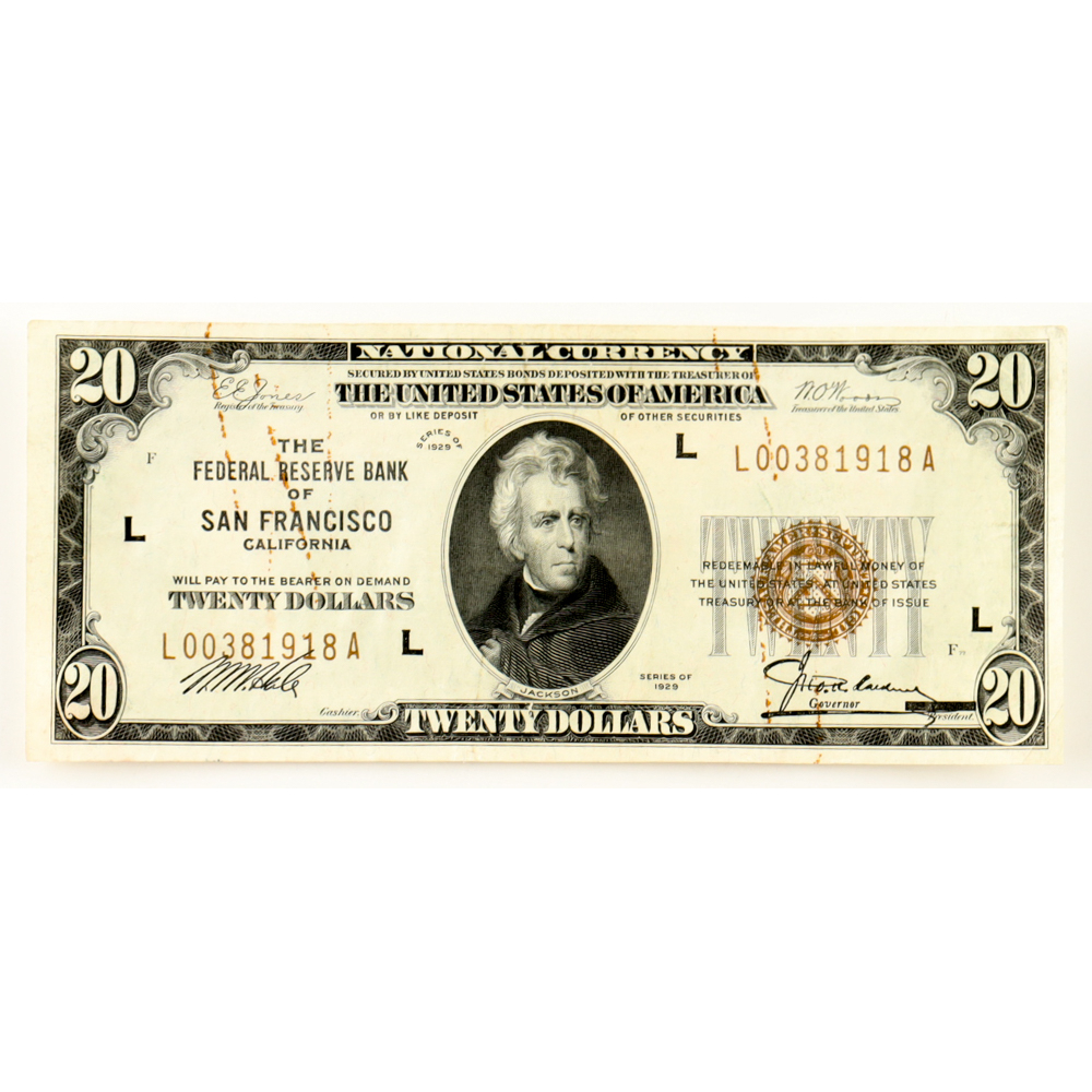 1929 $20 Twenty Dollars U.S. National Currency Bank Note - San ...