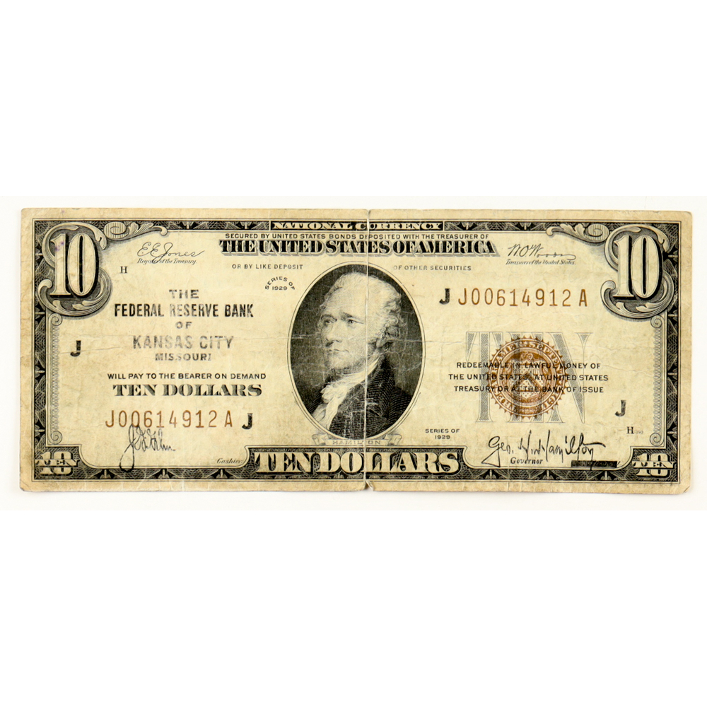 1929 $10 Ten Dollars U.S. National Currency Bank Note - Kansas City ...