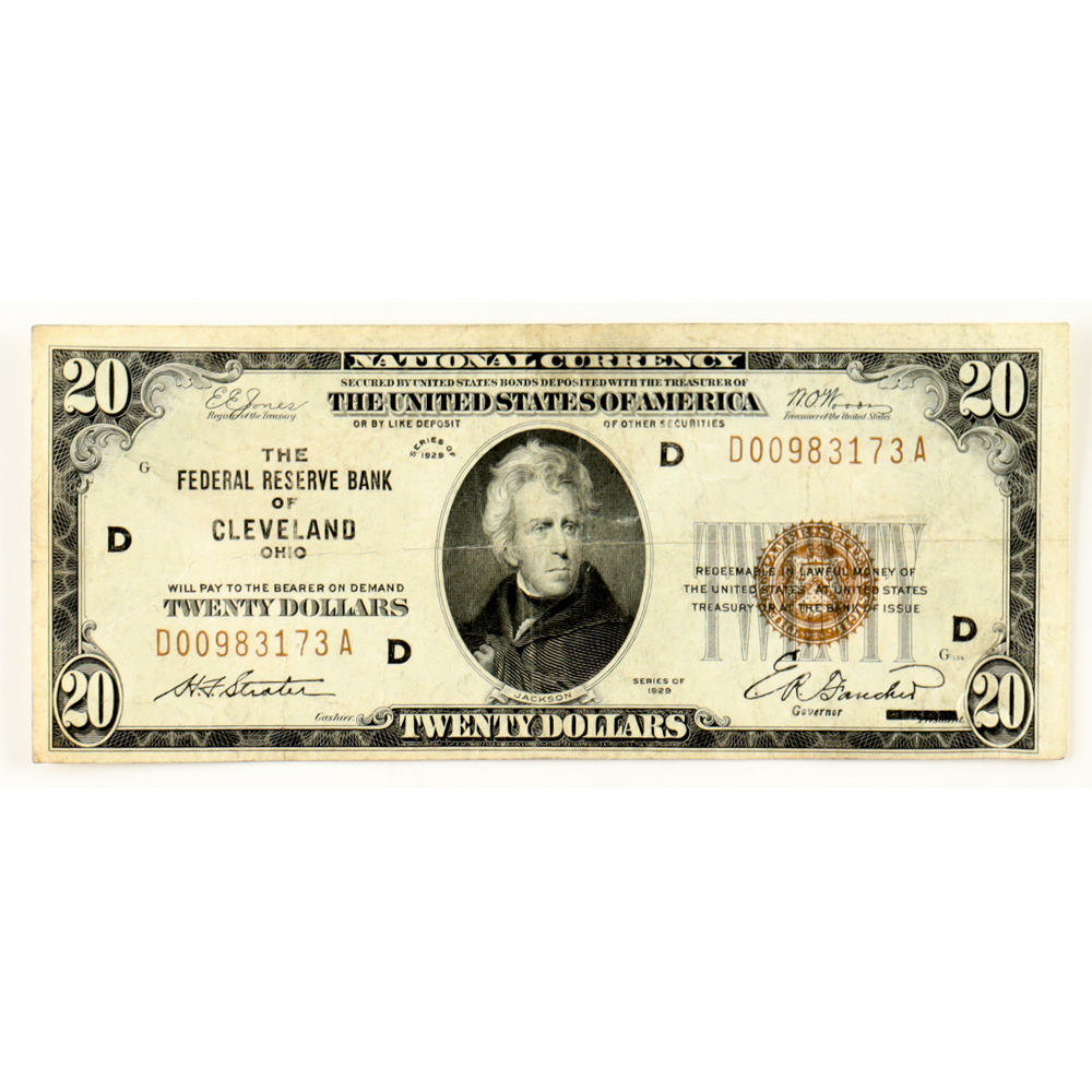 1929 $20 Twenty Dollars U.S. National Currency Bank Note - Cleveland ...